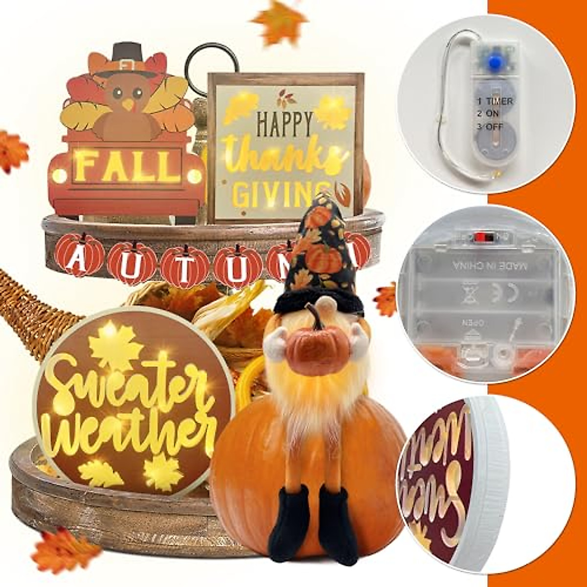 Thanksgiving Tiered Tray Decorations, LED Light Up Thanksgiving Decorations Farmhouse Rustic Wooden Sign Turkey Gnome Fall Decor Warm Thanksgiving Autumn Home Table Kitchen Decorative Tray