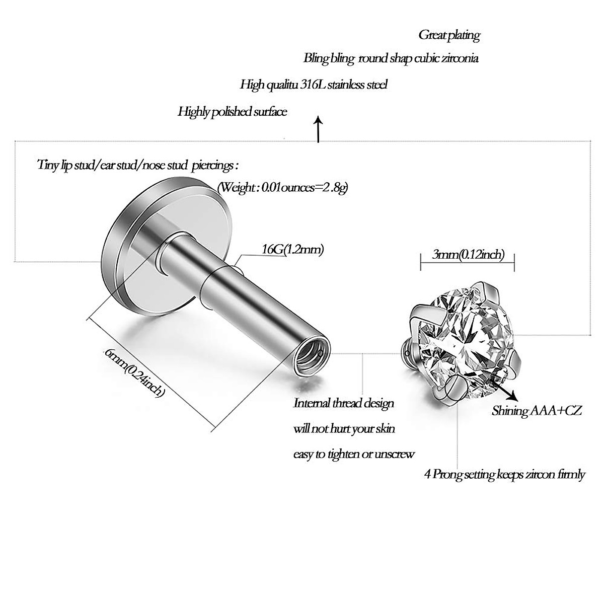 Gabry&jwl 4Pcs 16G 316L Stainless Steel Lip Studs/Ear Studs Love/Star/Square/Round Shape Cubic Zircon Labret Tragus Cartilage Helix Lobe Earring Studs Monroe Lip Piercing