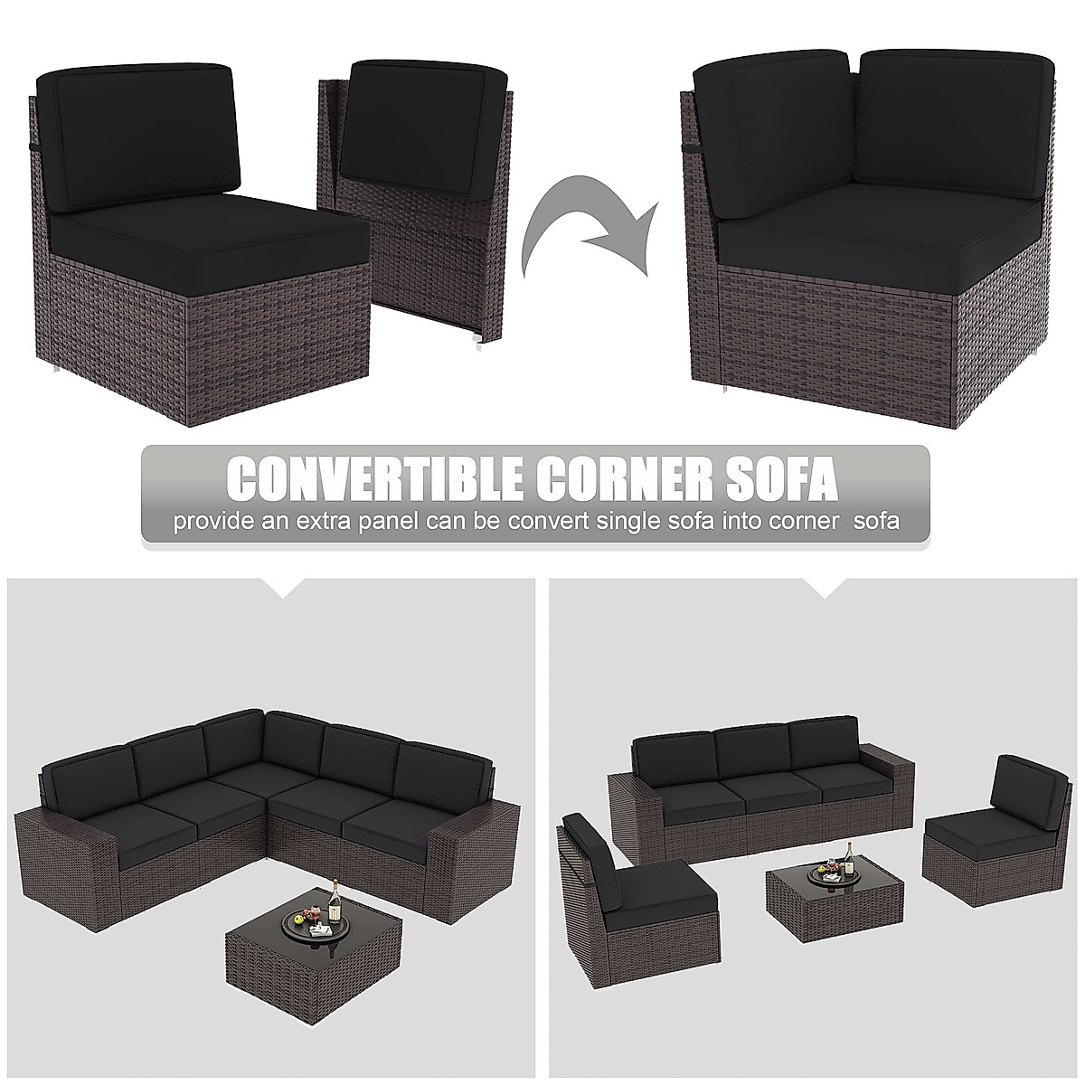 LayinSun Outdoor Patio Furniture Set 6 Pieces Sectional Conversation Sofa Set Brown Rattan Sofa Set with Coffee Table