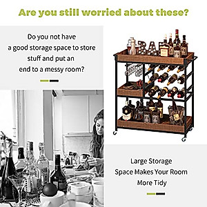 4 EVER WINNER Bar Carts for Home, Home Bar Serving Cart with 12 Bottle Wine Rack and Wine Glasses Holder, Rustic Rolling Bar Cart with Removable Shelves for Home