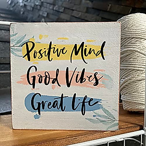 Rustic Positive Mind Good Vibes Great Life Wooden Box Sign Table Decor Plaque Inspirational Quote Wood Box Sign Art Home Office Shelf Desk Decoration 5 x 5 Inches