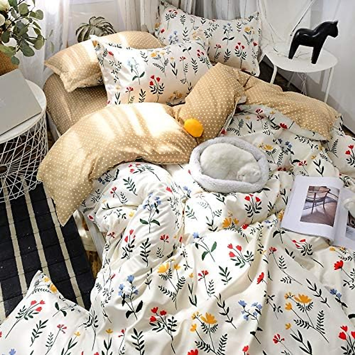 ARIGHTEX Red Yellow Floral Microfiber Bedding Comforter Cover Set Full Size Nature Botanical Quilt Cover Green Leaves Printed Duvet Cover with Zipper Closure (3 Piece)