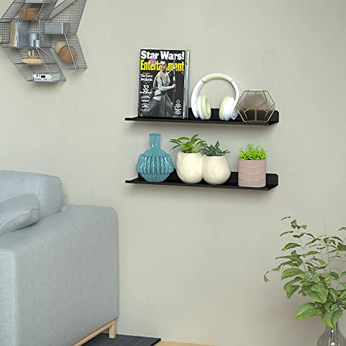 Benzoyl Black Floating Shelves, Home Decor Metal Wall Shelf Decorative Wall Mounted Picture Ledge Shelf for Storage Bedroom Bathroom Kitchen Living Room Office 16.14 inch - 2 Set