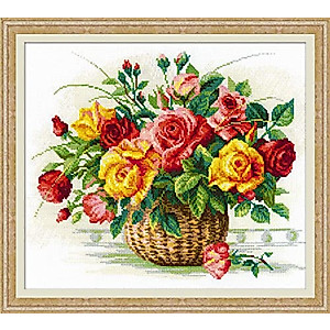 RIOLIS - Basket With Roses - Counted Cross Stitch Kit - 13¾" x 11¾" Zweigart 14ct. White AIDA 29 Colors