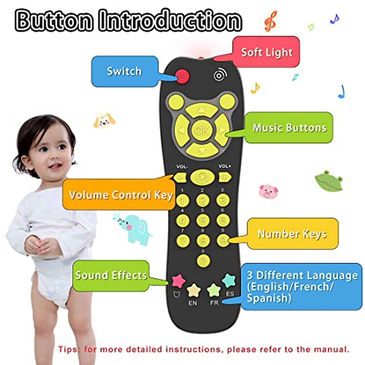 KALUYA Baby TV Remote Toy, Toddlers Remote Control Toy Kids Realistic Play Remote Early Educational Baby Musical Toys with Light and Sound English French Spanish for Infant Boys Girls 6 Month+, Black