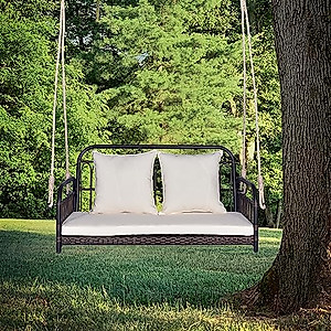 Tangkula Outdoor Wicker Porch Swing, 2-Person Hanging Seat with Seat & Back Cushions, Heavy-Duty Metal Frame & 2 Sturdy Hanging Ropes, Wicker Woven Swing Loveseat for Front Porch, Backyard (Off White)