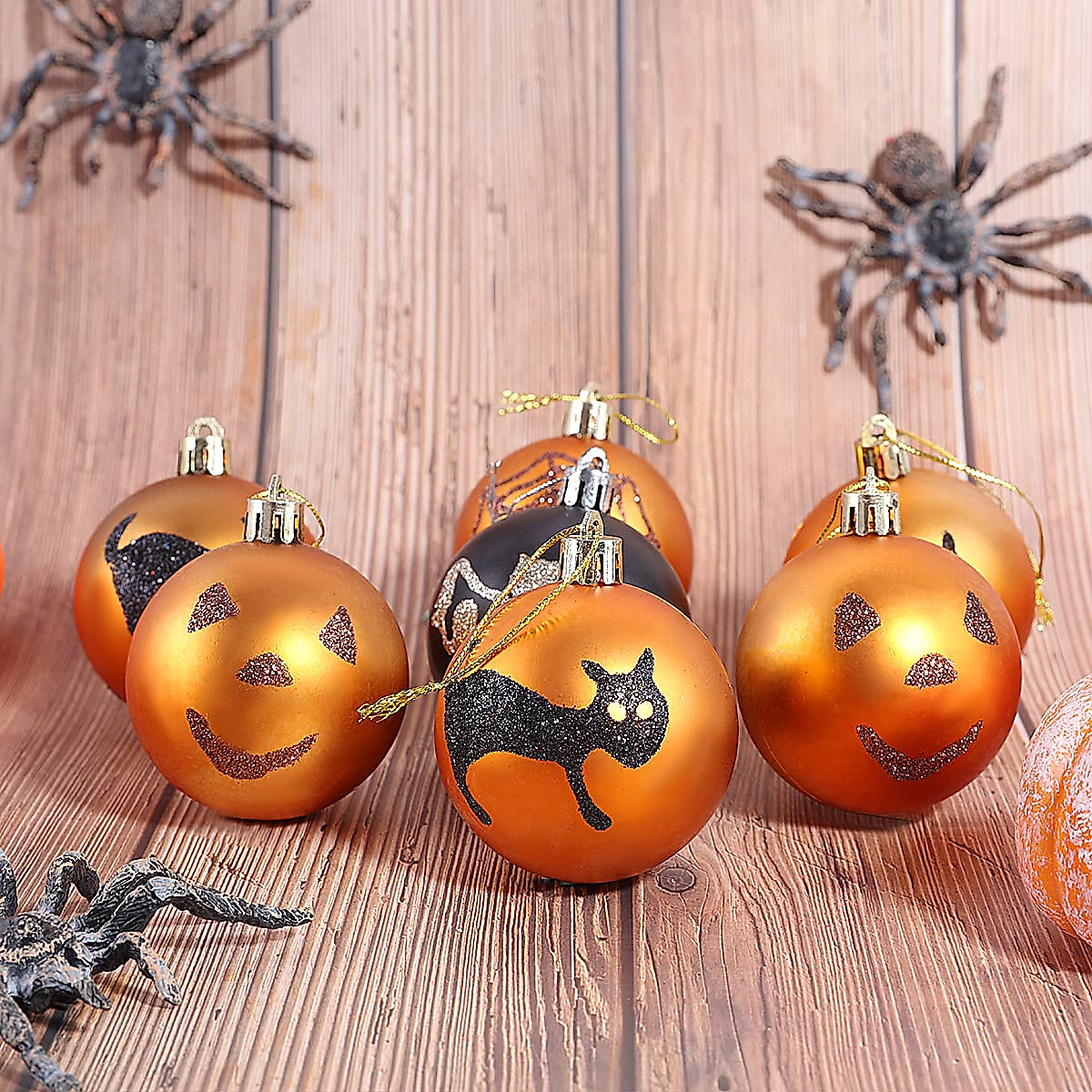 Halloween Hanging Ball Ornaments, 12pcs 2.16" Halloween Hanging Glitter Ball Decorations Plastic Reflector Rounds Hounted House Prop Toys, Spider Web Ghost Cat Printed for Halloween Hanging Decor