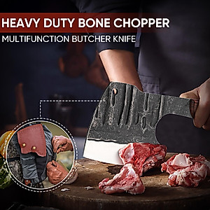 Dream Reach Newest Meat Bone Cleaver Knife for Meat Cutting,Handmade Heavy Duty Butcher Knife with Sheath, Hand Forged Full Tang Chopper for Kitchen, Outdoor Cooking and BBQ