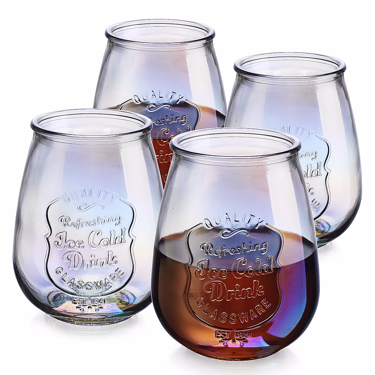 Glaver's Stemless Wine Luster Glasses – Wine Glasses Set of 4 – 21 Fl Oz Iridescent Glassware, with Embossed Logo Home Bar For Wine and Cocktails.