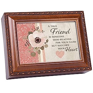 Cottage Garden A True Friend Woodgrain Rope Trim Jewelry Music Box Plays Tune Friend in Jesus