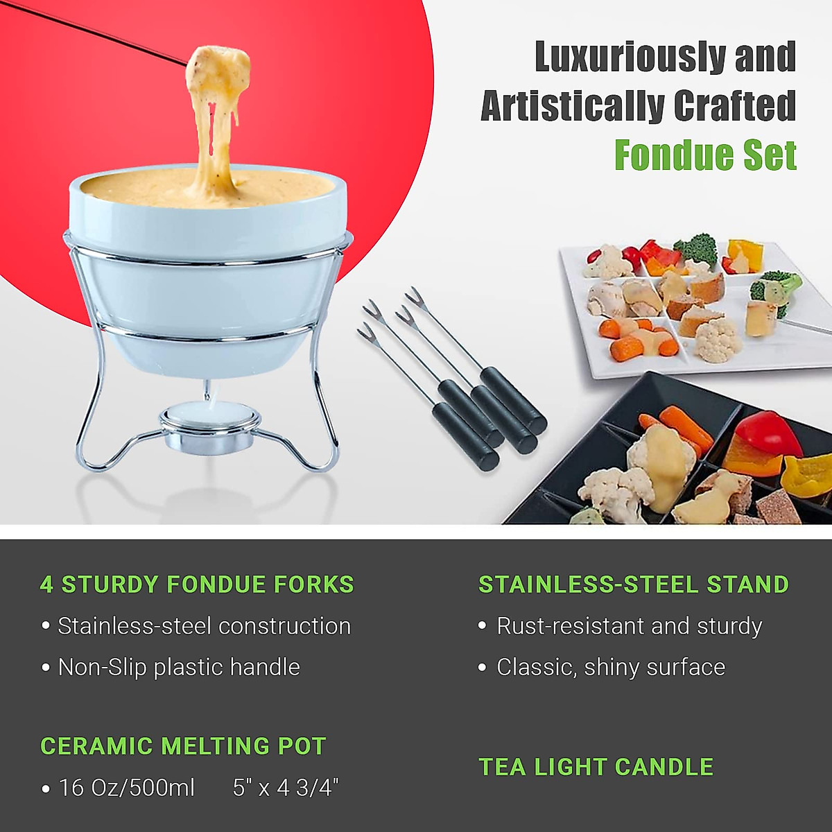 Chocolate Fondue Pot Butter warmer Bowl Set with 4 Dipping Forks & Tea Light Holder – For the Perfect Melted,Chocolate & Cheese Serving fondue set valentines day gifts (1)