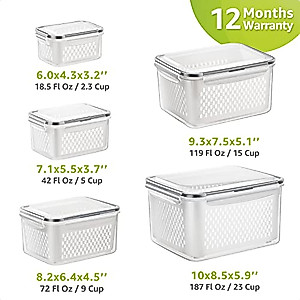 COCOYA 5-Pack Large Fruit Containers for Fridge, Leakproof Produce Storage Keeper with Removable Colander Food Grade BPA FREE Keep Vegetables Berry Veggies Lettuce Apple Banana Meat Food Fresh Longer