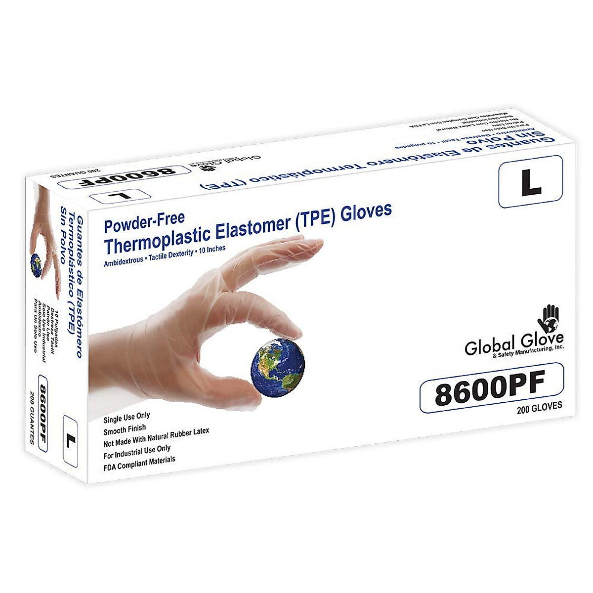 Global Glove 8600PF Thermoplastic Elastomer (TPE) Powder-Free, Clear, 2 Mil, Smooth Finish, 10-Inch Disposable Gloves (Large) - Box of 200