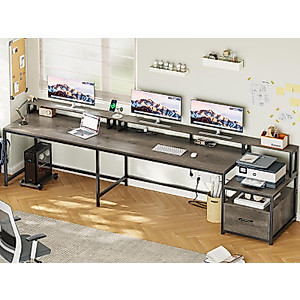 SEDETA L Shaped Desk, 66" Home Office Desk with File Drawer and Power Outlet, Corner Computer Desk with Monitor Shelf, Printer Storage Shelves, Gaming Desk with Led Lights, Two Person Desk, Walnut