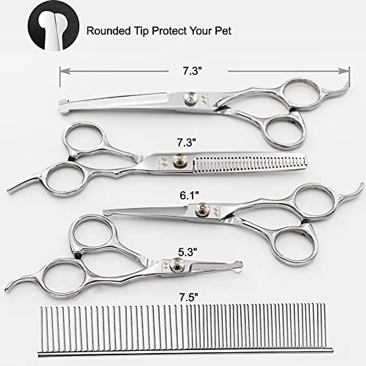 Dog Grooming Scissors Kit with Round Tip, Set of 5 Cat Dog Scissors, Stainless Steel Pet Grooming Shears, Straight, Curved, Thinning Shears, Comb for Full Body, Face, Nose, Ear & Paw