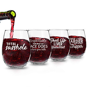 Set of 4 Crude & Rude Funny Wine Glasses (15 oz)- Novelty Glassware Gifts for Women- Hilarious Party, Event, Hosting Fun- Wine Lover Glass w/Funny Sayings- Birthday Wine Gift for Friends- Made in USA