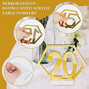 Fashionclubs Table Numbers, 1-20 Wedding Acrylic Table Numbers with Holder Base Party Card Table Holder,Hexagon Shape,Perfect for Wedding Reception and Decoration (1-20 Gold)