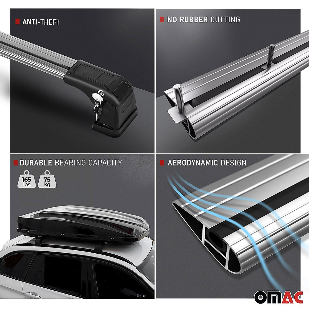 OMAC Roof Rack Cross Bars Carrier Aluminium for Ford Transit Connect 2010-2013 Black 2 Pcs Anti-Theft for Travel Kayak Canoe Surf Ski Snowboard Camping