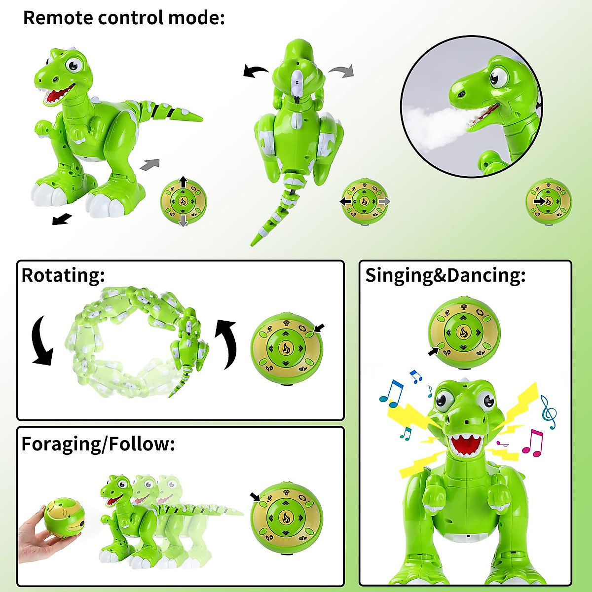 TUUYOOWK Remote Control Dinosaur Toys for Kids 3-5 5-7, Realistic RC Electronic Dinosaur Toy with Water Mist Spray, Rotating, Singing and Dancing, Foraging Mode for Boys Girls