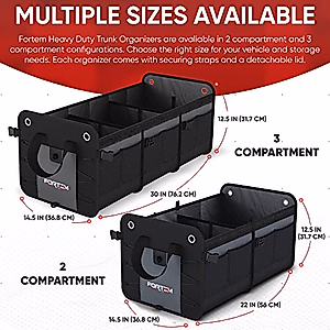 FORTEM Car Trunk Organizer, SUV Trunk Organizer, Car Storage Organizer, Collapsible Multi Compartment Car Organizer, Non Slip Bottom, Adjustable Securing Straps, Foldable Cover (3 Compartments, Grey)