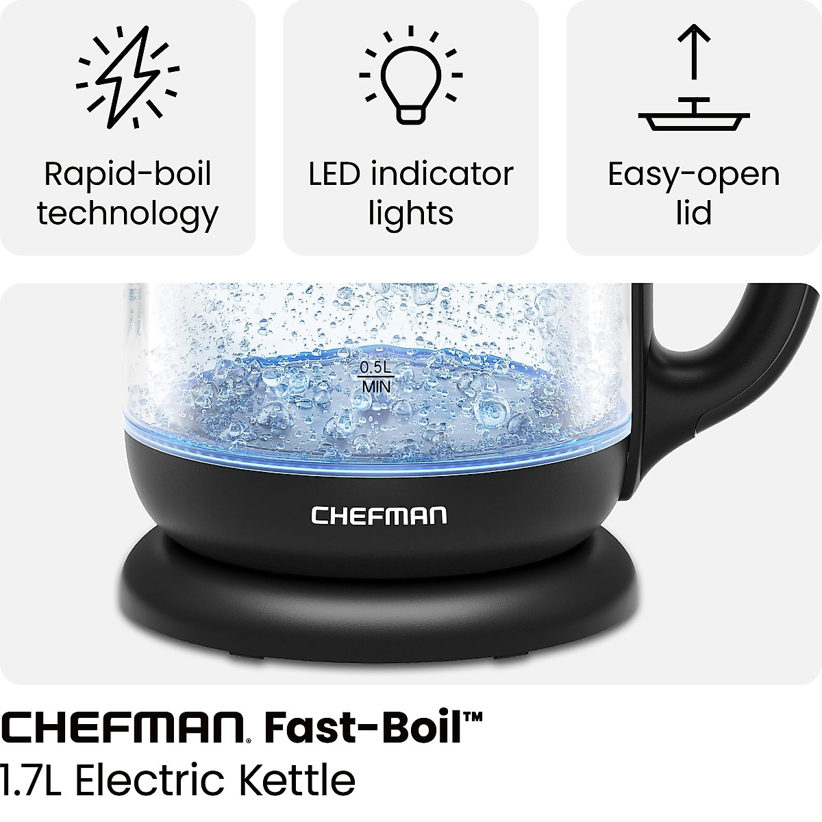 Chefman 1.7 Liter Electric Glass Tea Kettle, Fast Hot Water Boiler, One Touch Operation, Boils 7 Cups, Swivel Base & Cordless Pouring, Auto Shut-Off