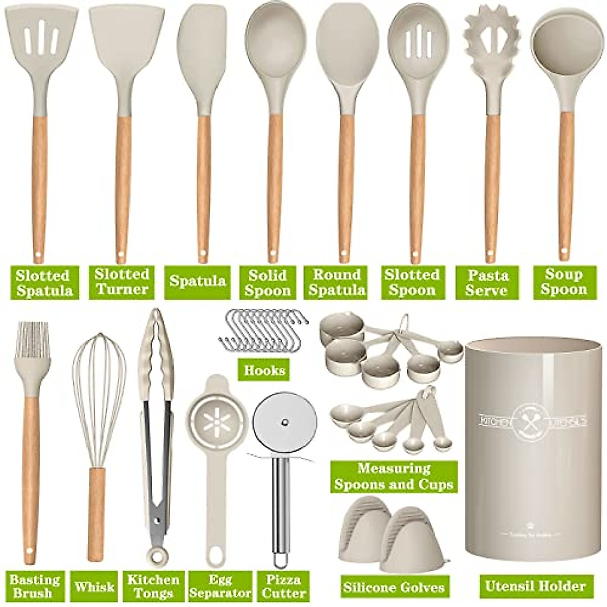 Umite Chef 36pcs Silicone Kitchen Cooking Utensils with Holder, Heat Resistant Cooking Utensils Sets Wooden Handle, Khaki Nonstick Kitchen Gadgets Tools Include Spatula Spoons Turner Pizza Cutter