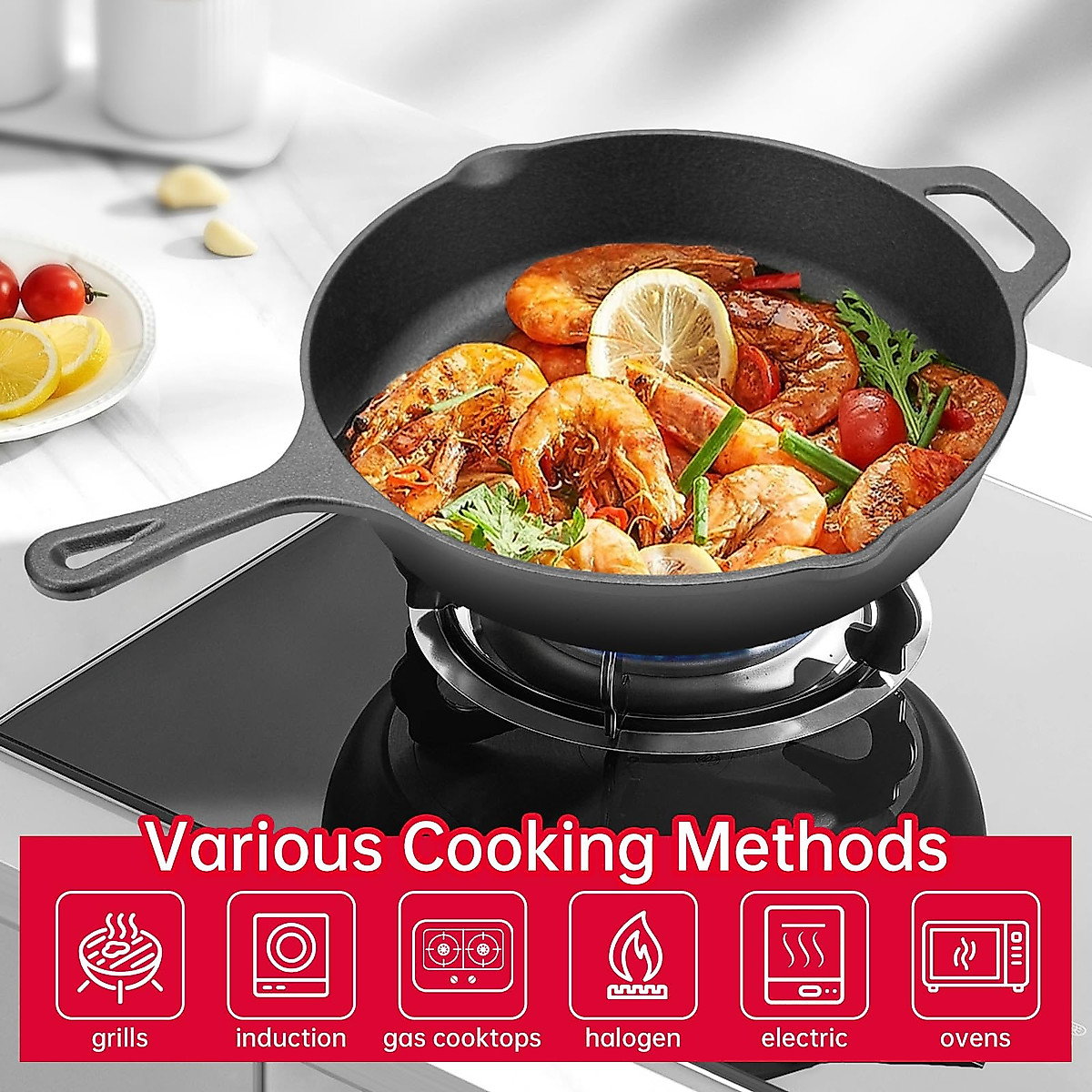 WANGYUANJI Cast Iron Grill Pan,10Inch Non-coating Frying Pan,Multi-Functional Pan for Bake,Fry,Stir-Fry,Sauté,Suitable for Outdoors with Oil Brush and Spatula