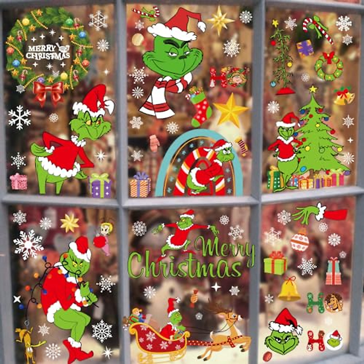 FAMYGFT Grinch Window Clings,Double Sided Elf Snowflake Merry Christmas Window Cling Glass Window Holiday Xmas Winter Window Sticker Decal Christmas Decor Glass Door Car Mirror Home Office Classroom