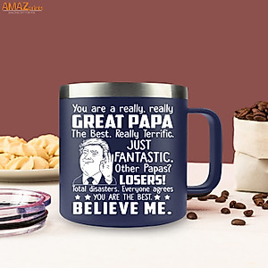 Father's Day Papa Gifts from Daughter, Son, Kids - Papa Birthday Gift - Gifts for Grandpa from Grandchildren - Dad Birthday, Fathers Day - Great papa Insulated Stainless Steel Mug 14oz Navy
