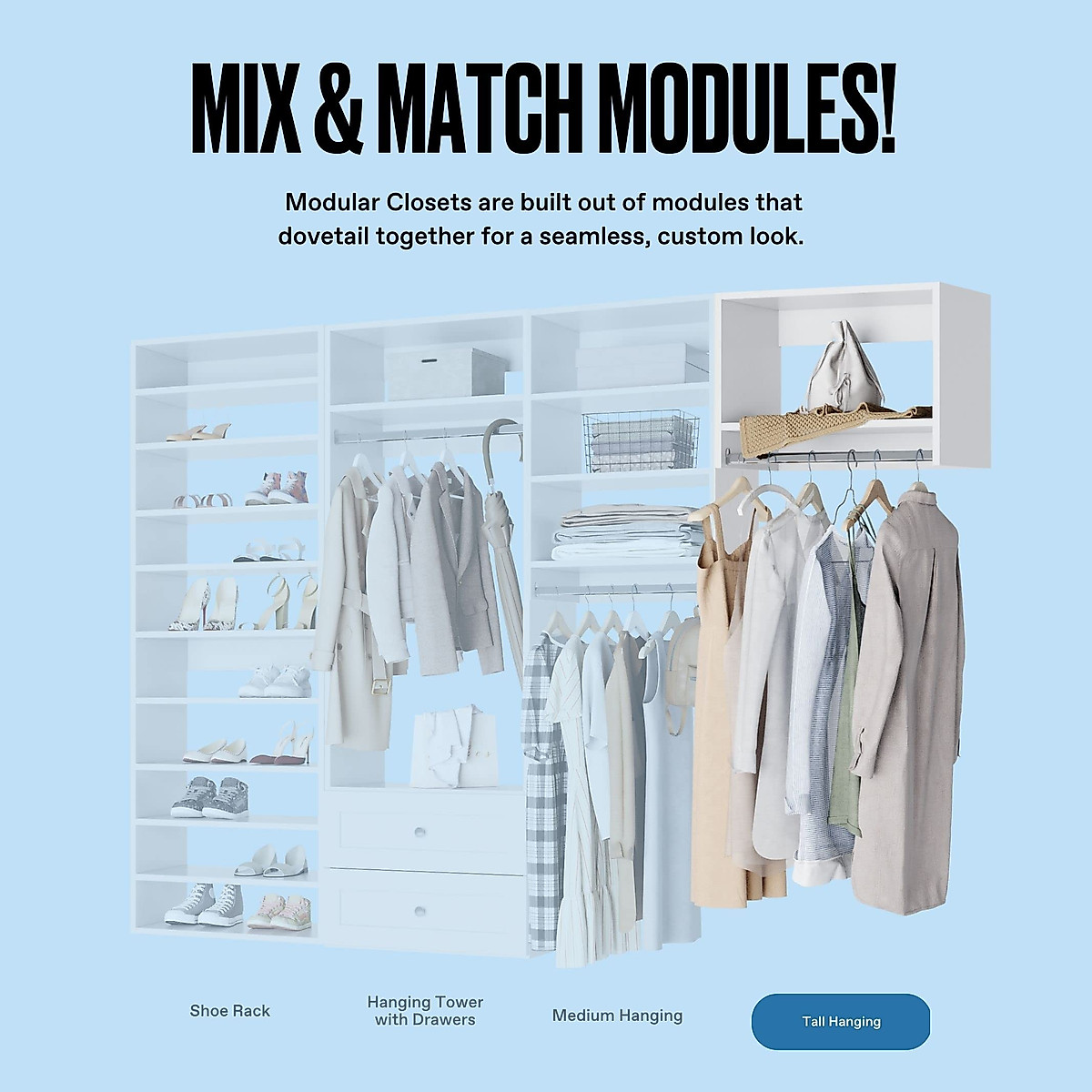 Tall Hanging Closet Unit - Modular Closet System for Hanging - Corner Closet System - Closet Organizers and Storage Shelves (White, 27 inches Wide) Closet Shelves