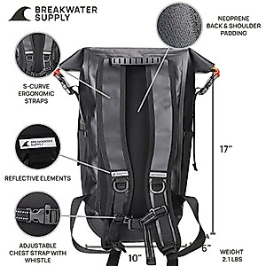 Breakwater Supply™ Meanhigh Dry Bag Waterproof Backpack for Men & Women, 25L, Medium/Large, Rolltop, for Surfing, Kayaking, Diving, Hiking, Motorcycle + Floating, Lightweight, Water Bottle Pockets