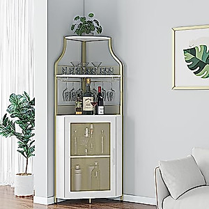 Amyove Corner Wine Bar Rack Cabinet with Detachable Wine Rack, Bar Cabinet with Glass Holder, Small Sideboard and Buffet Cabinet with Mesh Door,Gold