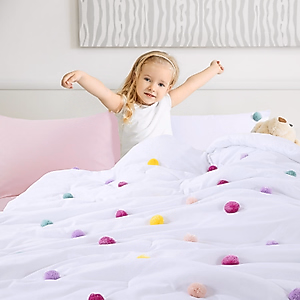 HOMBYS Pom Poms Bedding Comforter Set for Girls, 5 Piece White Pink Boho Kids Comforter Set for All Season，Twin/Twin XL Size