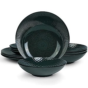 afcevnlb Retro Green Dinnerware Sets 12 pcs Melamine Plates and Bowls Sets Round Dinner Set with Plates, Dishes, Bowls and Serving Platters, Kitchen Dinnerware Sets for 4