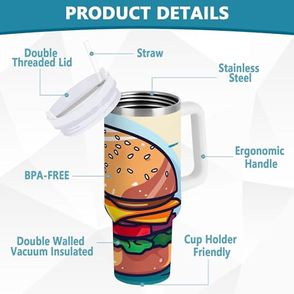 PaChyLuu 40 oz Insulated Tumbler with Handle and Straw Lid, Cartoon Burger Leak-Proof Stainless Steel Travel Coffee Mug for Car Cup Holder