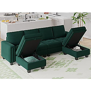 Belffin Velvet U Shaped Sectional Sofa Couch with Storage Ottoman Convertibel Sectional Sofa with Reversible Chaises Green