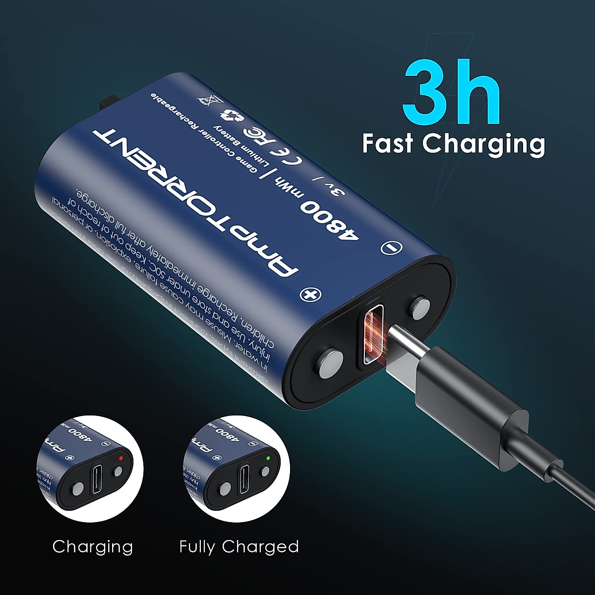 AmpTORRENT Xbox Battery Pack Rechargeable, 2×1600mAh Rechargeable Battery Pack for Xbox, Xbox Rechargeable Battery Pack, 3V Constant Output Lithium Batteries with USB C Charge Cable, 2000 Cycles