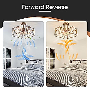 PUNSOKO Ceiling Fans with Lights, Brushed Nickel Fandelier Ceiling Fan with Light and Remote, 20'' Modern Bladeless Chandelier Fan Flush Mount for Kitchen, Bedroom, Living Room