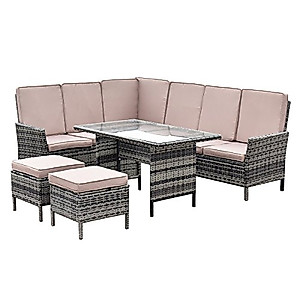 Tangkula 5 Pieces Patio Furniture Set Wicker Rattan Steel Frame Patio Outdoor Garden Conversation Set High Back Sectional Sofa Set with Tempered Glass Top Dining Table