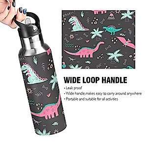 OREZI Vector Childish Dinosaurs Water Bottle Thermos with Straw Lid for Boys Girls,600 ml,Leakproof Stainless-Steel Sports Bottle for Women Men Teenage