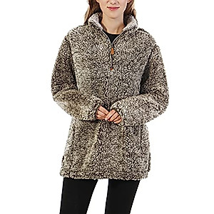 Les umes Women's Zipper Sherpa Pullover Fuzzy Fleece Sweatshirts Jacket Winter Oversized Outwear Coat Brown 2XL