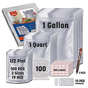 IOSSA 100 Pcs Mylar Bags for Food Storage with Oxygen Absorbers 100x300cc, Resealable Locked Long Term Food Storage, Stand-Up Zipper Pouches, Mylar Bag with Labels & Clips & Pen