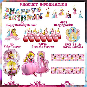 Princess Peach Birthday Party Supplies, Princess Peach Party Decorations, Princess Peach Party Favors Include Banners, Hanging Swirls, Balloons, Cake Decoration, Cupcake Toppers, Tablecloth