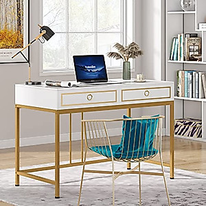 Tribesigns Computer Desk with 2 Drawers, 41.34” Modern Simple White and Gold Writing Desk with Storage Drawers, Makeup Vanity Console Table Study Desk for Home Office
