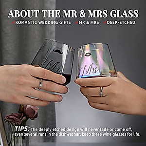 RorAem Wine Glasses Gifts for Mr and Mrs - Wedding Gifts for Bride and Groom - Gifts for Bridal Shower Newlywed Engagement and Anniversary - Couples Gifts for Husband & Wife