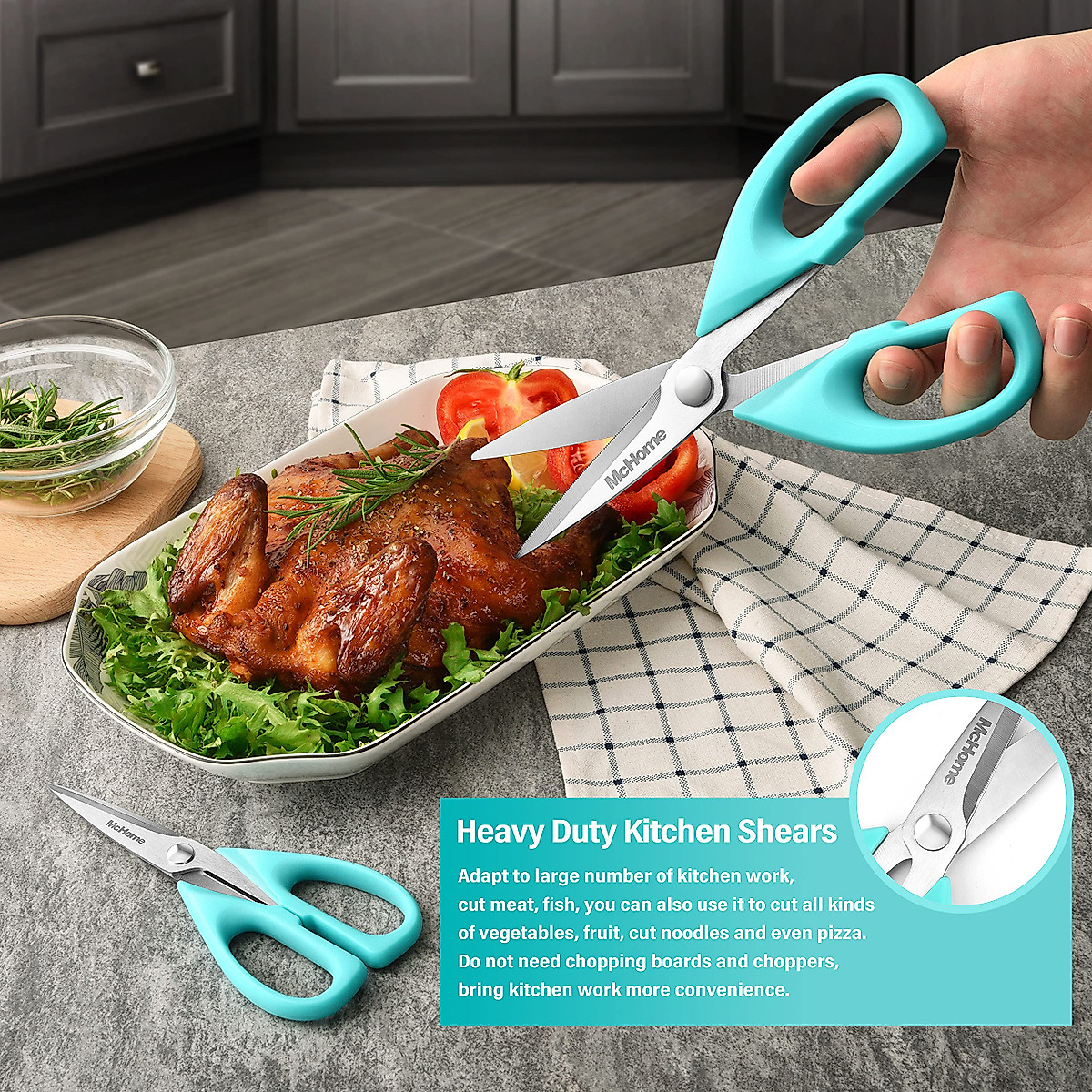 McHome MHS11 Kitchen Scissors, 2-Pack Heavy Duty Kitchen Shears, Stainless Steel Meat Cutting Scissors, Sharp Cooking Scissors for Chicken, Seafood, Poultry, Herbs, Turquoise(8.7+ 6.8 INCH)