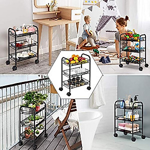 Rolling Storage Cart 3-Tier Metal Mesh Basket Shelves Organizer with Wheels for Home,Office,Kitchen,Bathroom,Bedroom(Black)