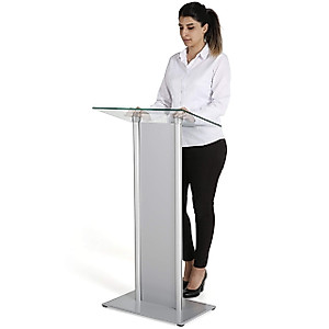 M&T Displays Tempered Clear Glass Conference Podium Stand with Aluminum Front Panel Silver Aluminum Body and Base 43.9 Inch Height Floor Standing Lectern Pulpit Desk for Classroom Church