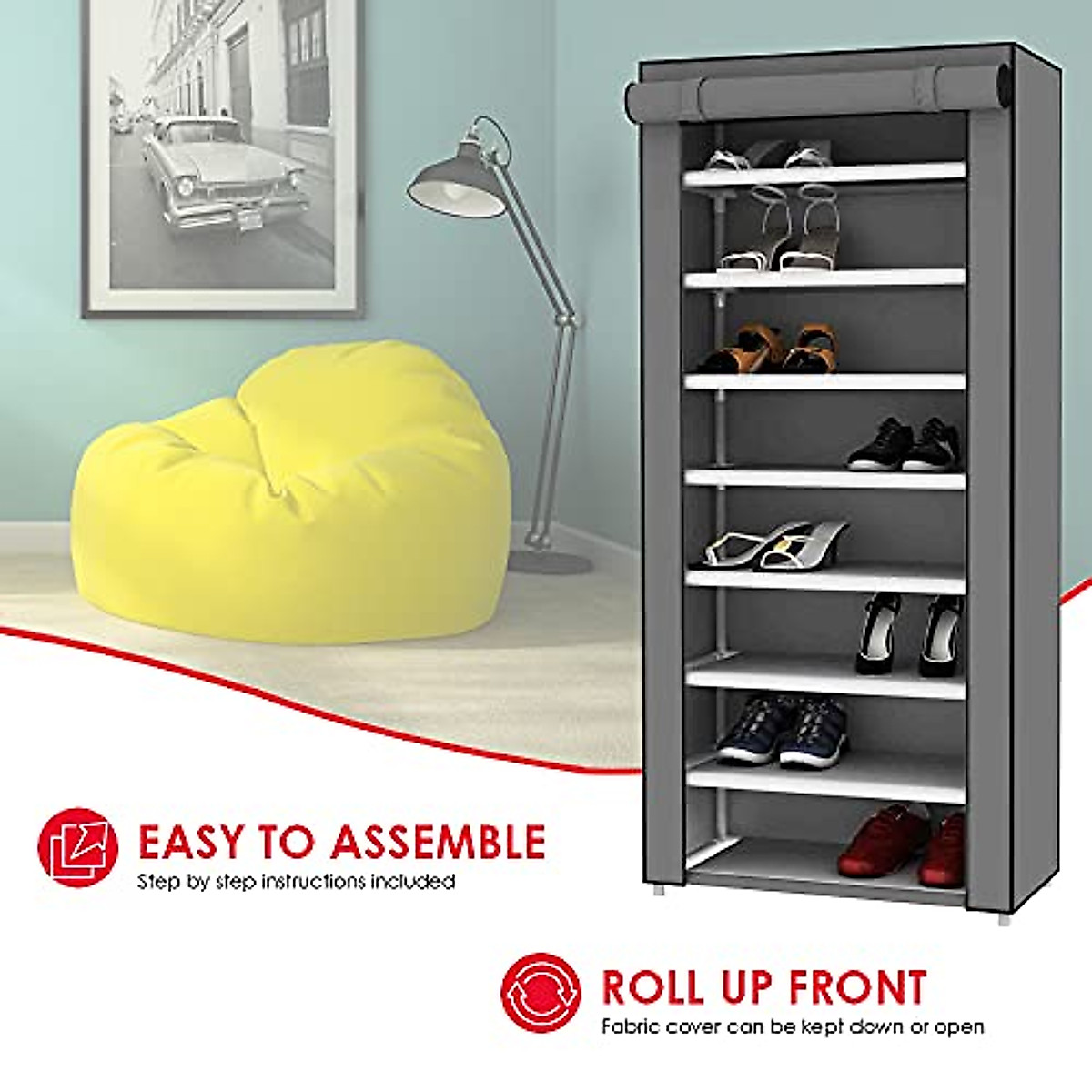 Sunbeam Multipurpose Portable Wardrobe Storage Closet Rack For Shoes and Clothing 7 Tier/Fits 24 Pairs of Shoes Heavy Duty Non Woven Material With Roll Down Cover (Grey)