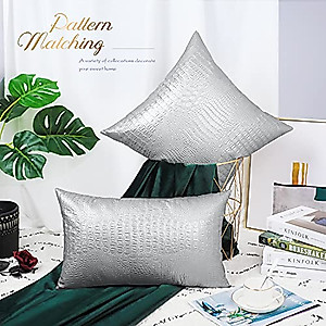 BRAWARM Faux Leather Pillow Covers 12 X 20 Inches, Silver Leather Pillow Covers Pack of 2, Crocodile Leather Decorative Lumbar Throw Pillows for Living Room Couch Bed Sofa Home